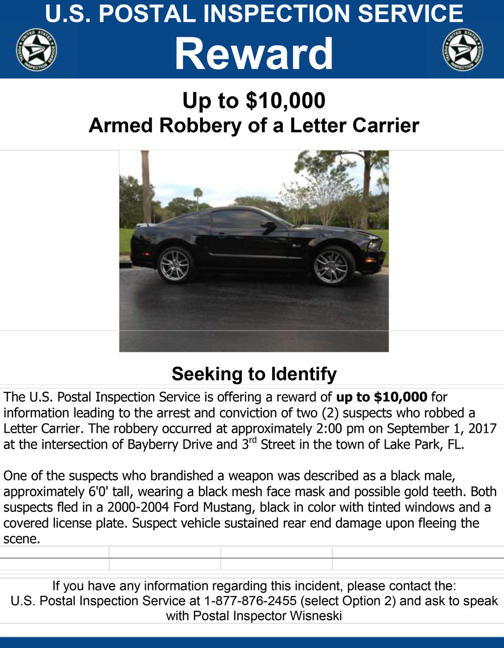 U.S. Postal up to $10,000 reward for Armed Robbery of a Letter Carrier